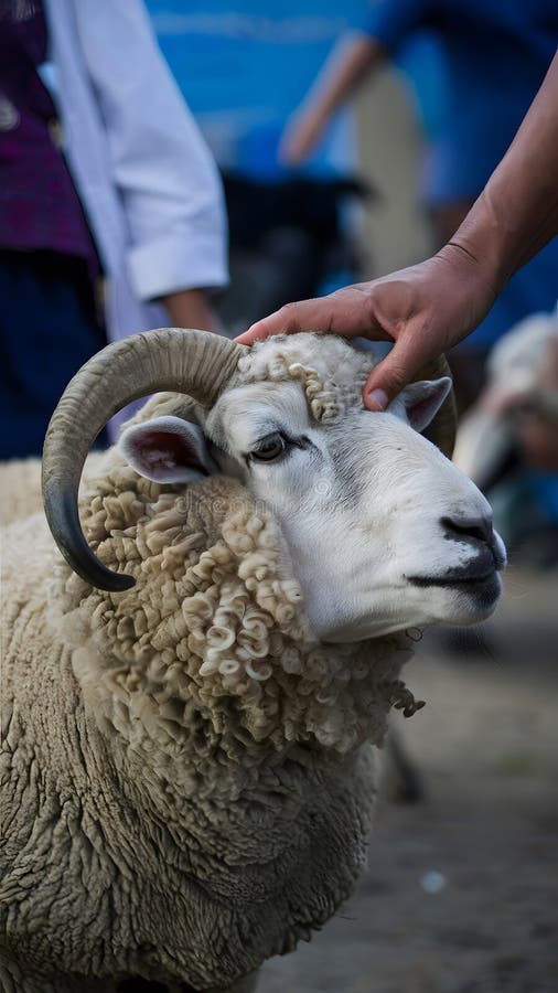 A Human Hand Gently Touches Curly Wool On A Sheep S Curved Horns Stock Illustration