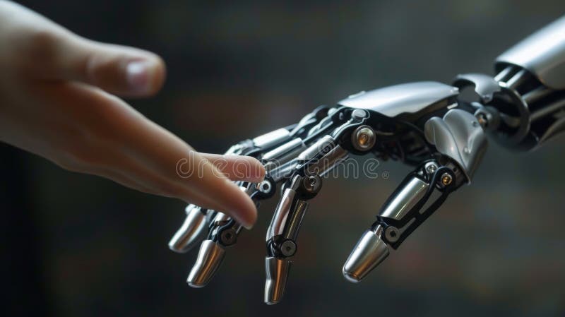 A Human Hand Gently Touches the Fingers of a Sophisticated Robotic Hand ...