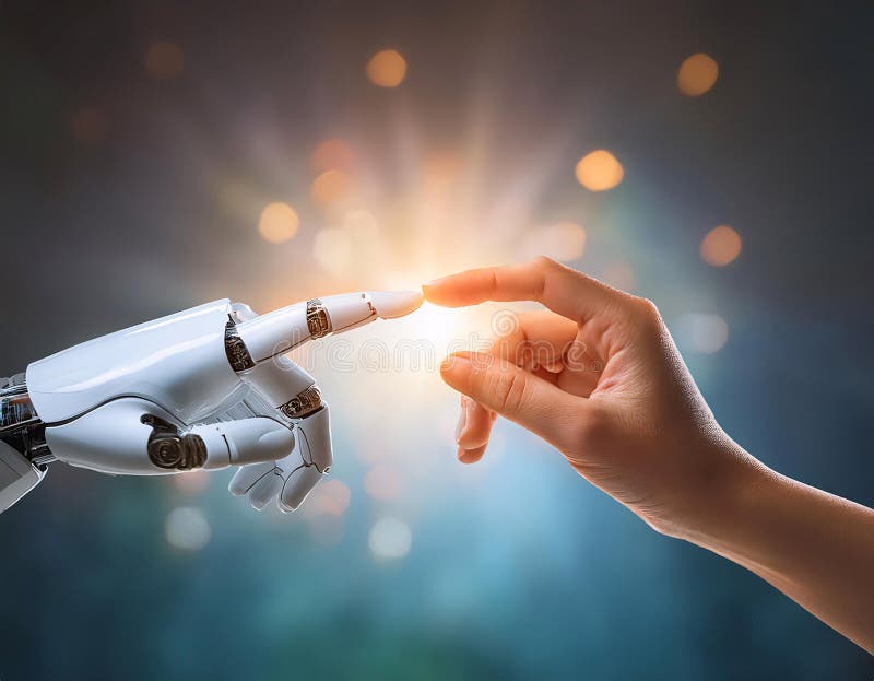 A Human Hand Gently Touches a Robotic Hand, Symbolizing Connection and ...