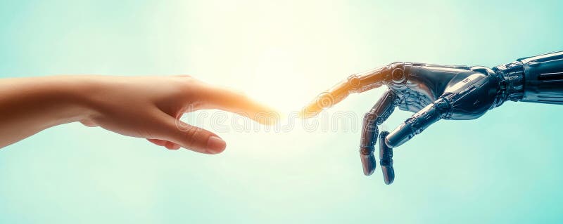 Human Hand Gently Touching Metallic Robotic Hand, Glowing Light ...
