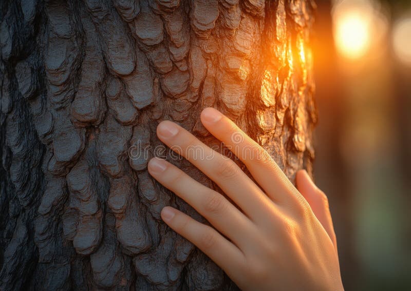 Human Hand Gently Touching Rough Tree Bark in Glowing Sunlight Evoking ...