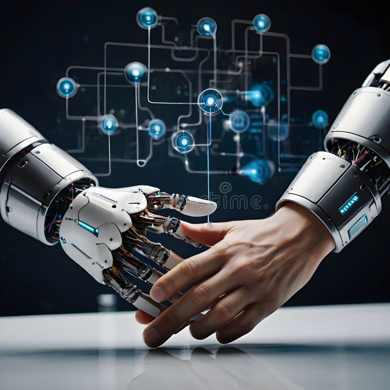 A Human Hand Gently Touching a Sophisticated Robotic Hand Amidst a ...