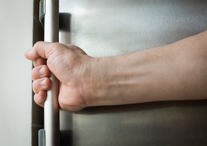 Human Hand Handling Fridge Door Close Up Stock Image - Image of food ...