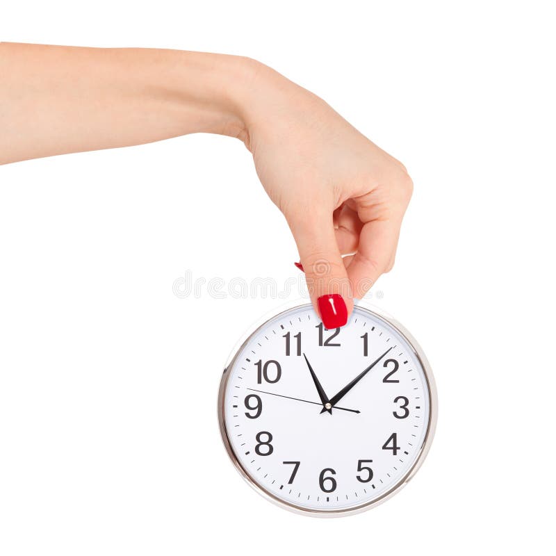 Human Hand Holding Clock Time Isolated on White Stock Image - Image of ...