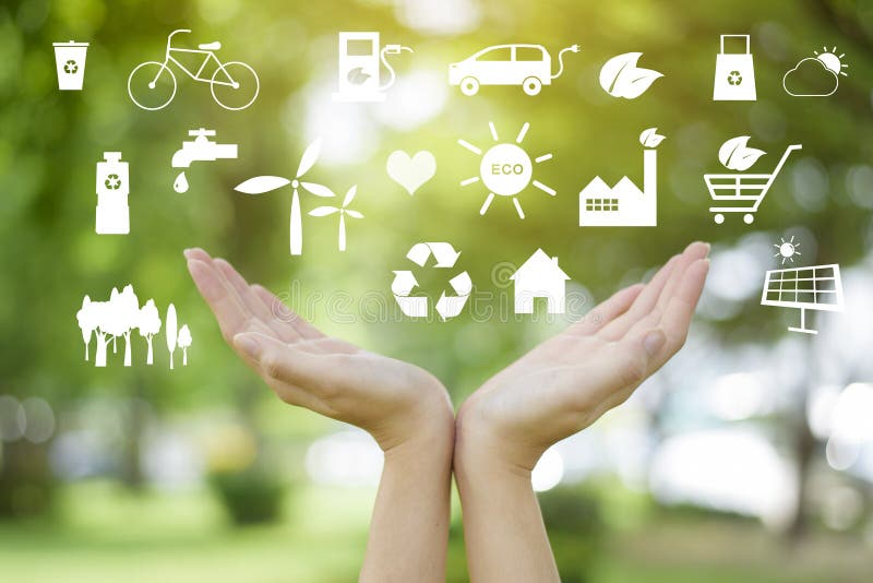 Human Hand is Holding Ecological Icons on Green, Save Earth Concept ...