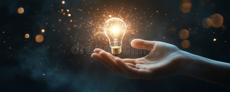 A Human Hand Holding a Floating Lightbulb, Emitting Glowing Particles ...