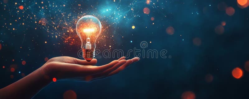 A Human Hand Holding a Floating Lightbulb, Emitting Glowing Particles ...