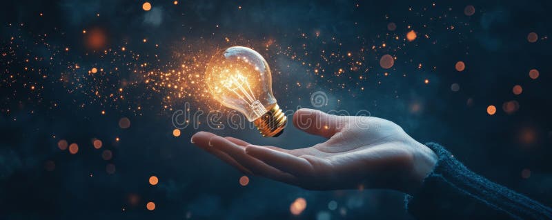 A Human Hand Holding a Floating Lightbulb, Emitting Glowing Particles ...