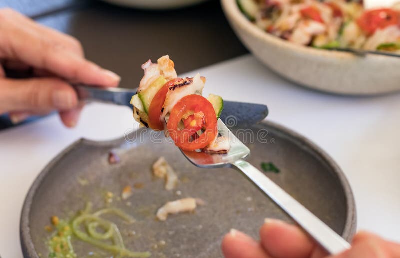 Human Hand Holding a Fork with Food Over a Plate Stock Image - Image of ...
