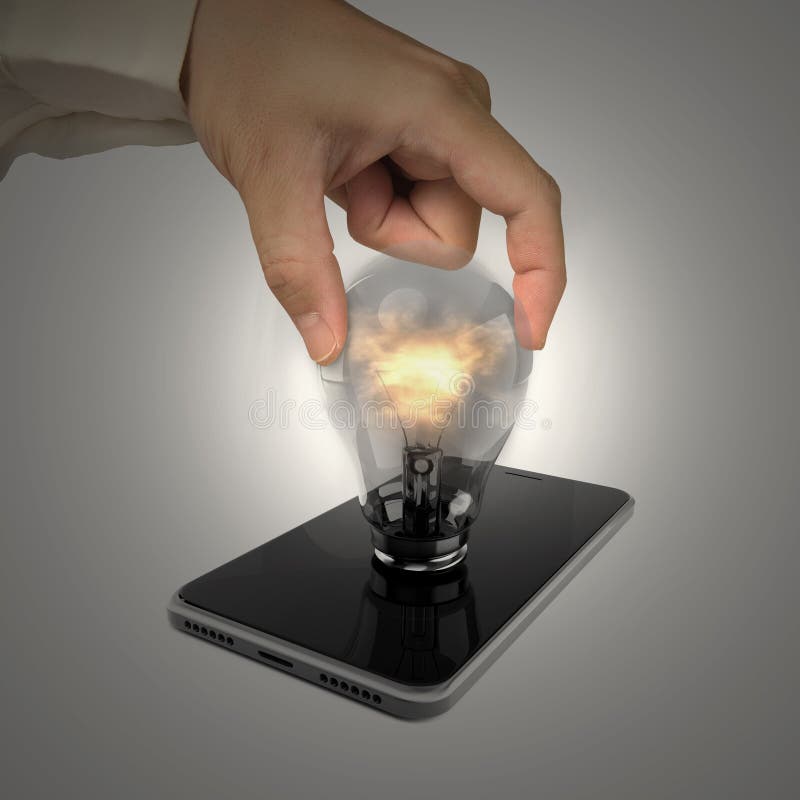 Human Hand Holding Glowing Light Bulb Inserted in Smart Phone Stock ...