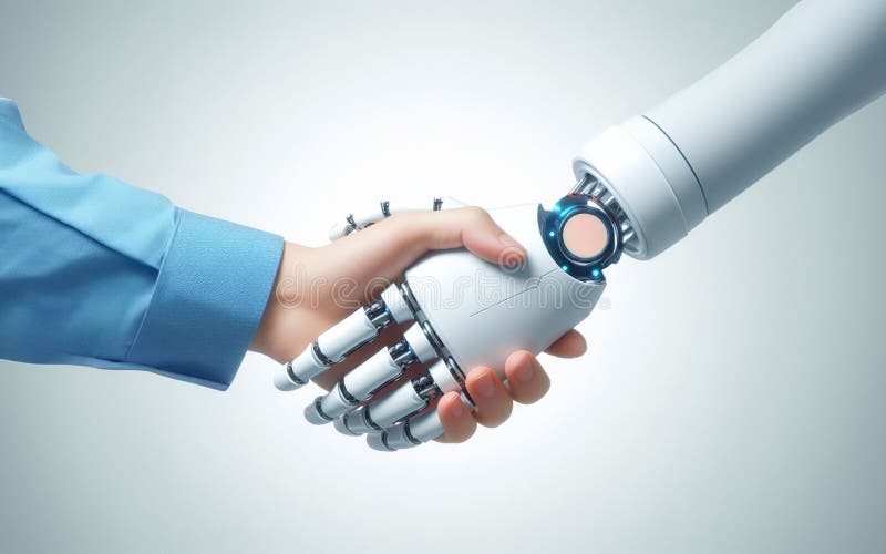 Human Hand Holding Hands with Robot, White Background. Concept of ...