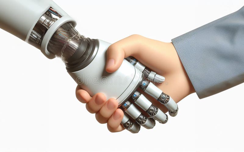 Human Hand Holding Hands with Robot, White Background. Concept of ...