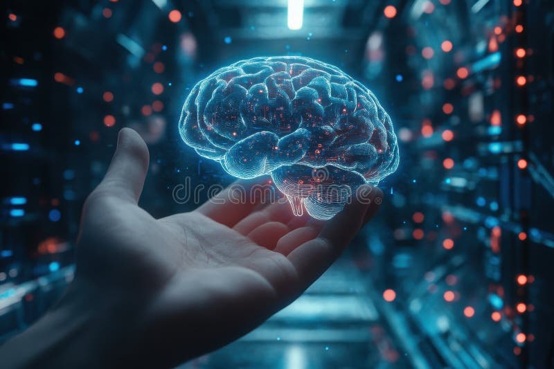 A Human Hand Holding a Holographic Representation of a Brain Stock ...