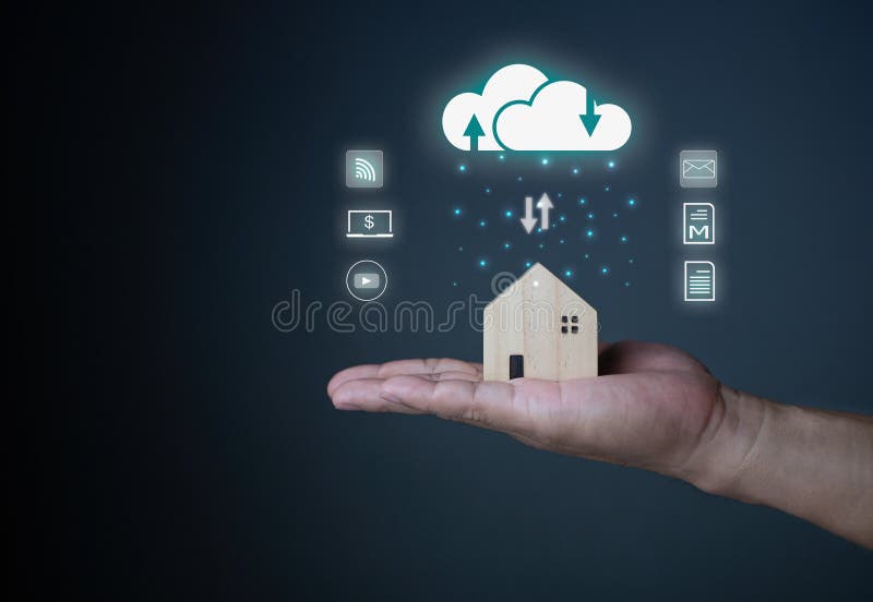 Human Hand Holding Home Model and Cloud Icon. Cloud Computing Concept ...
