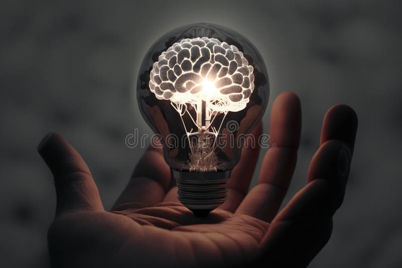 Human Hand Holding Light Bulb with Glowing Virtual Brain Stock ...