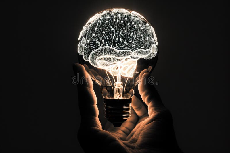 Human Hand Holding Light Bulb with Glowing Virtual Brain Stock ...