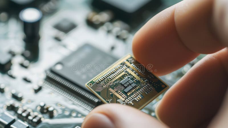 Human Hand Holding Microchip Over Circuit Board Stock Illustration ...