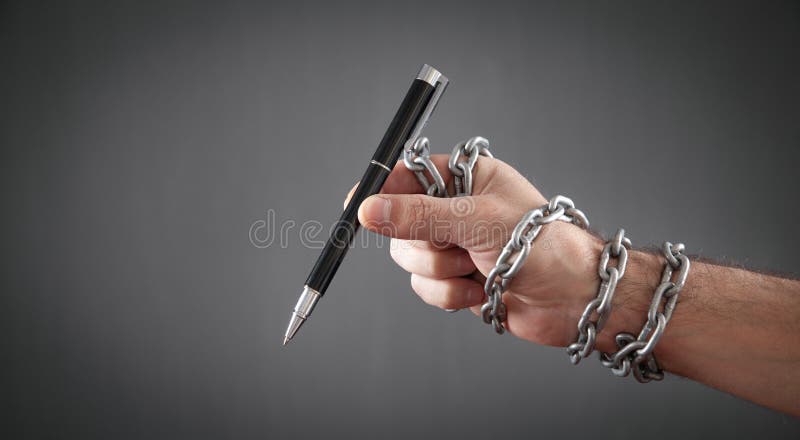 Human Hand Holding Pen Tied with Chains Stock Image - Image of write ...