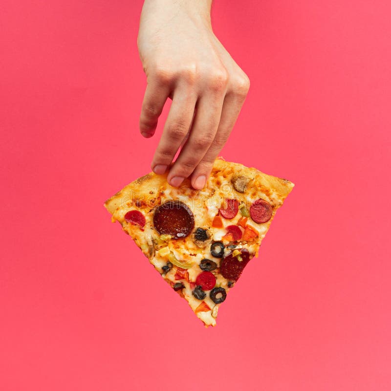 Human Hand Holding Pizza Slice Lifted Pink Red Background Stock Photo ...