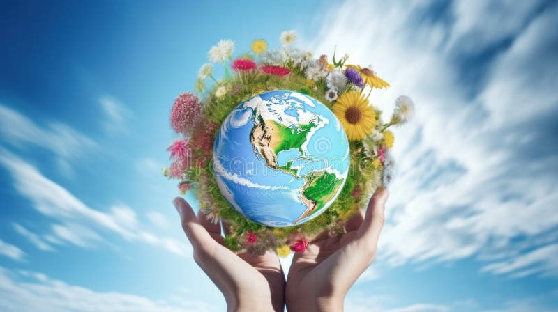 Human Hand Holding Small Globe on Blue Sky Background, Eco Concept ...