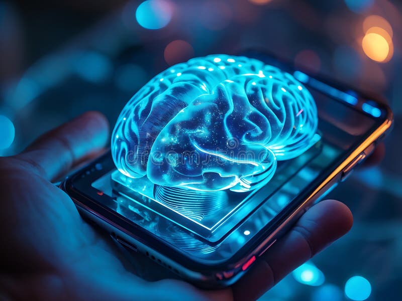 A Human Hand Holding a Smartphone with a Brain Projection Stock ...