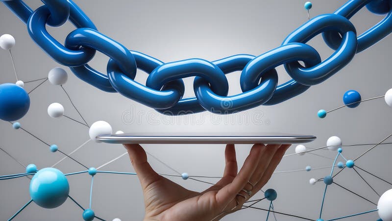 Human Hand Holding a Tablet Under a Blue Chain Concept of Connection ...
