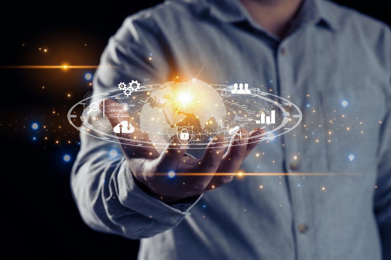 Human Hand Holding Virtual Global Internet Connection Metaverse Stock ...