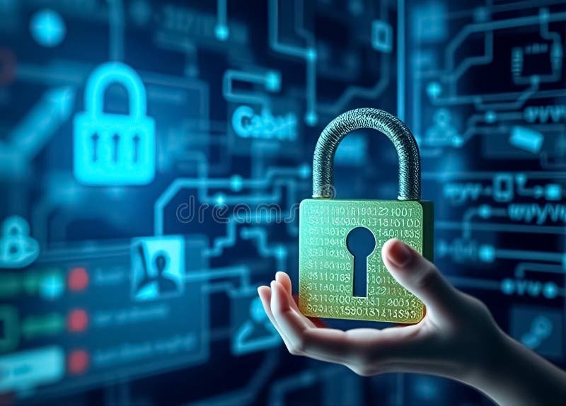 A Human Hand Holds a Large Lock Covered with a Code. the Background is ...