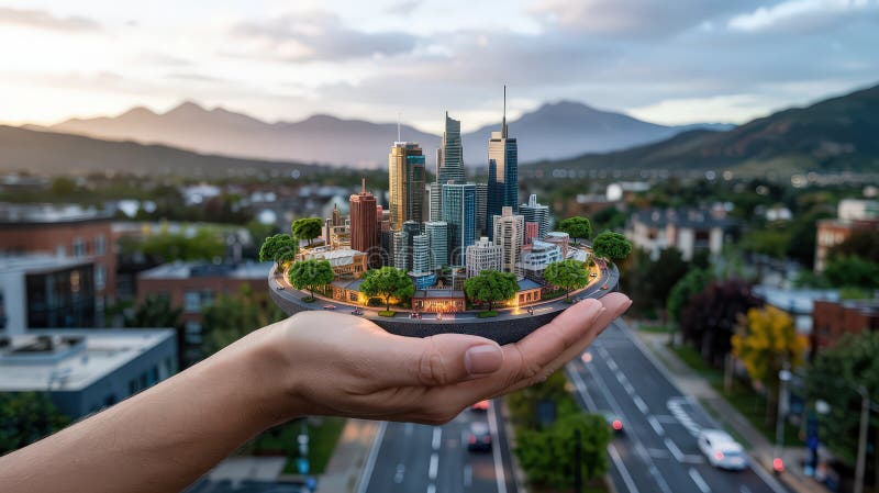 Human Hand Holds Miniature Cityscape with Detailed Structures and ...