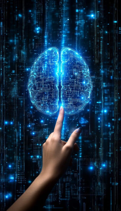 Human Hand Interacting with Digital, Abstract Human Brain Projection ...