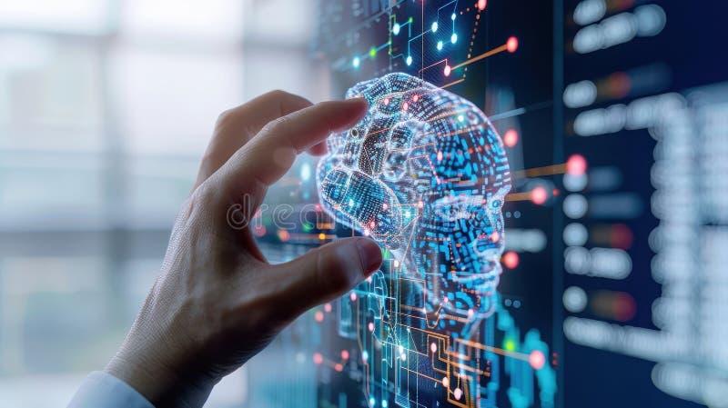 Human Hand Interacting with Digital Brain Hologram on Screen Stock ...