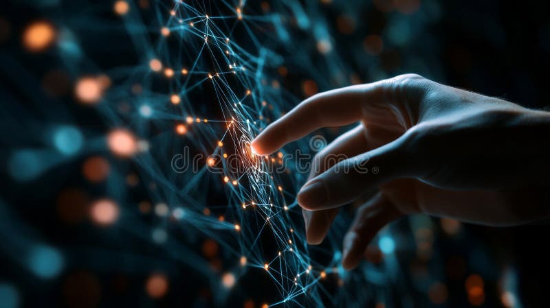 Human Hand Interacting Digital Network Glowing Nodes Connections Stock ...