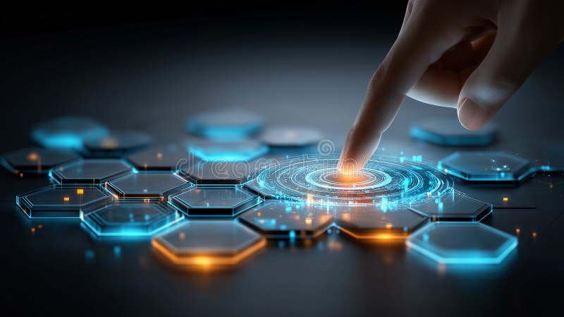 Human Hand Interacting with Futuristic Glowing Interface. Abstract for ...