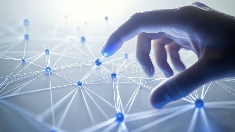 Human Hand Interacting Futuristic Network Connected Nodes Lines Stock ...