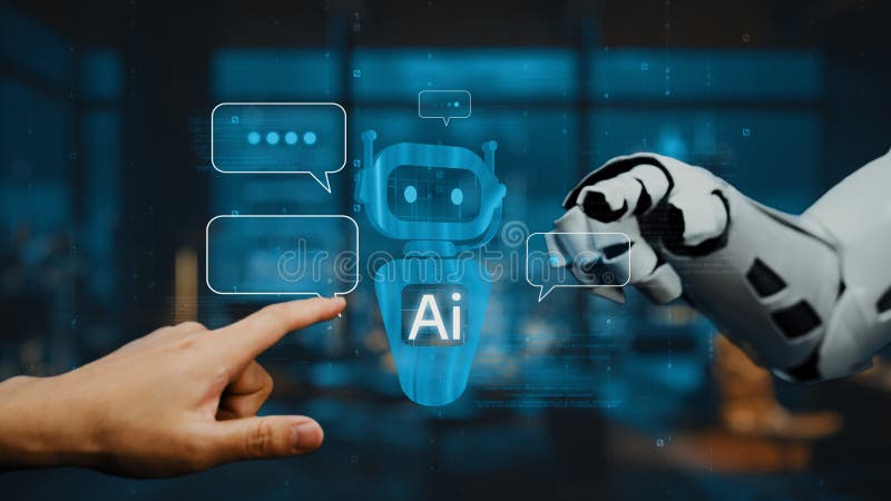 Human Hand Interacting with a Futuristic Robot Displaying AI Chat ...