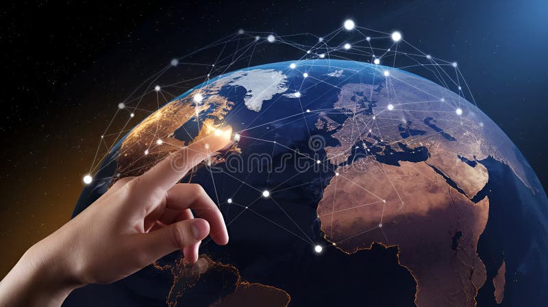 Human Hand Interacting with Global Digital Network Representing International Connectivity ...