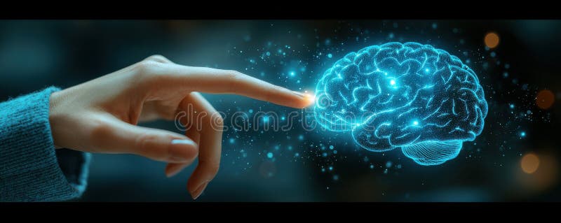 Human Hand Interacting with Glowing Brain Hologram Representing ...