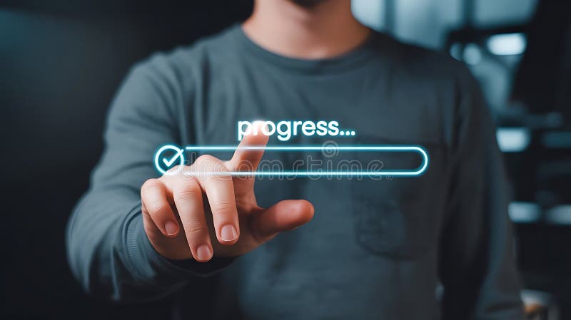 Human Hand Interacting with a Glowing Progress Bar Representing ...