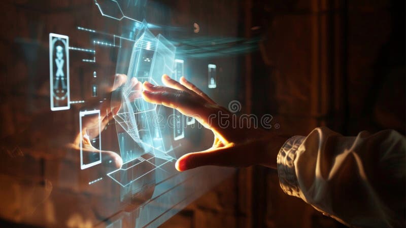 Human Hand Interacting with a High Technology Advanced Holographic ...
