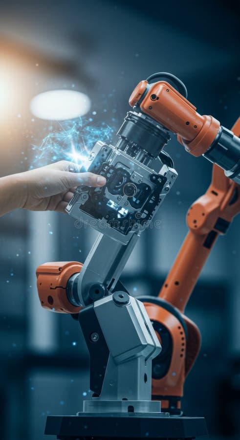 Human Hand Interacting with an Orange Robotic Arm Stock Illustration ...