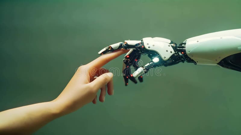 Human Hand Interacting with Robot Humanoid Hand on Plain Dark Green ...