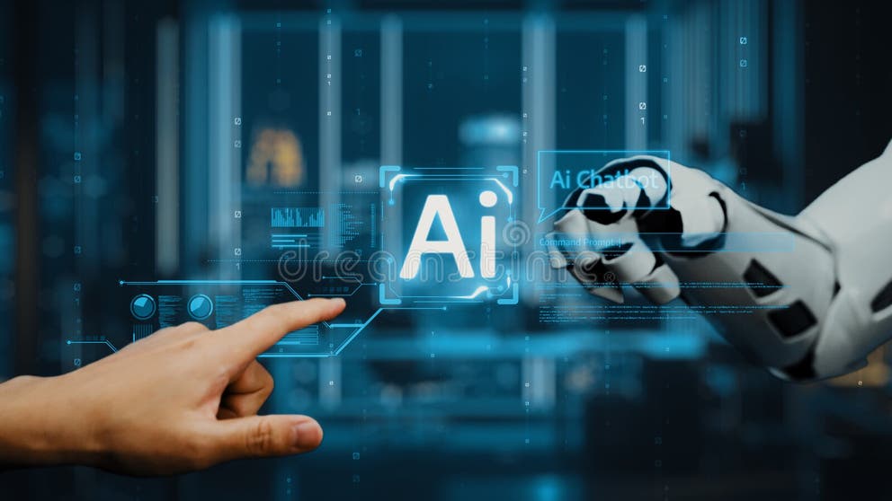 Human Hand Interacting with Robotic Hand Displaying AI Technology in Modern Digital Environment ...