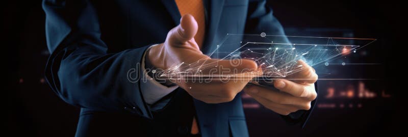 Human Hand Interacting with Technological Holograms. a Man is Touching ...