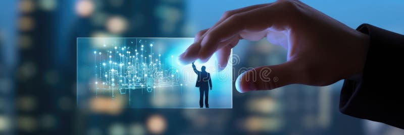 Human Hand Interacting with Technological Holograms. a Man is Touching ...