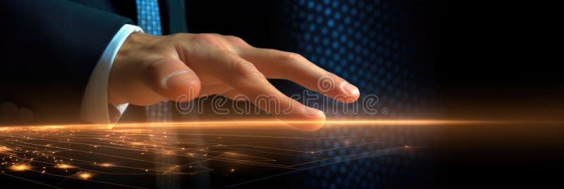 Human Hand Interacting with Technological Holograms. a Man is Touching ...