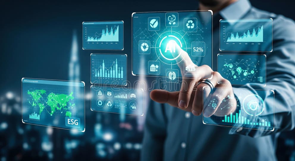 Human Hand Interacts with ESG Holographic Data Interfaces. Generative ...