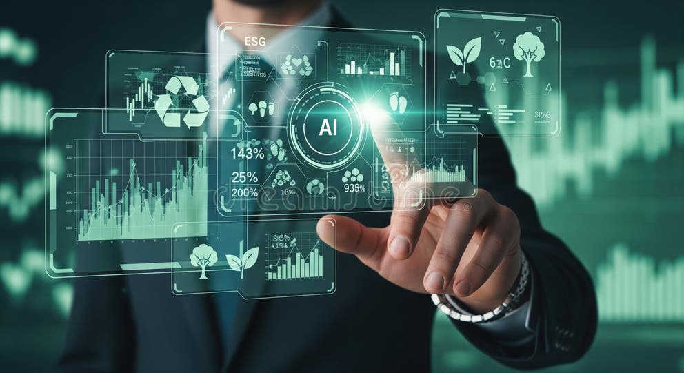 Human Hand Interacts with ESG Holographic Data Interfaces. Generative ...