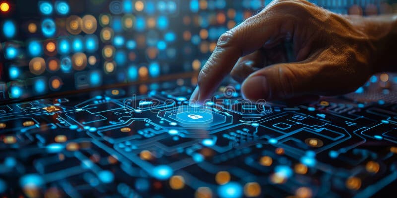 A Human Hand Interacts with a Futuristic Digital Interface in an ...