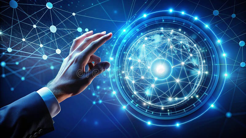 Human Hand Interacts with a Glowing Digital Network Symbolizing ...