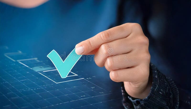 Human Hand Marks a Checklist with a Blue Check Mark in a Digital ...